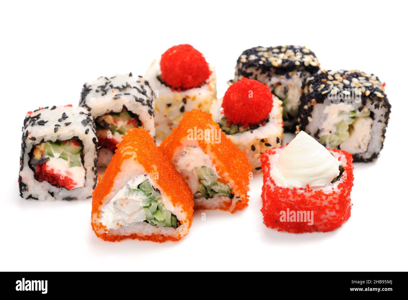 Set of various japanese fusion rolls isolated closeup Stock Photo - Alamy