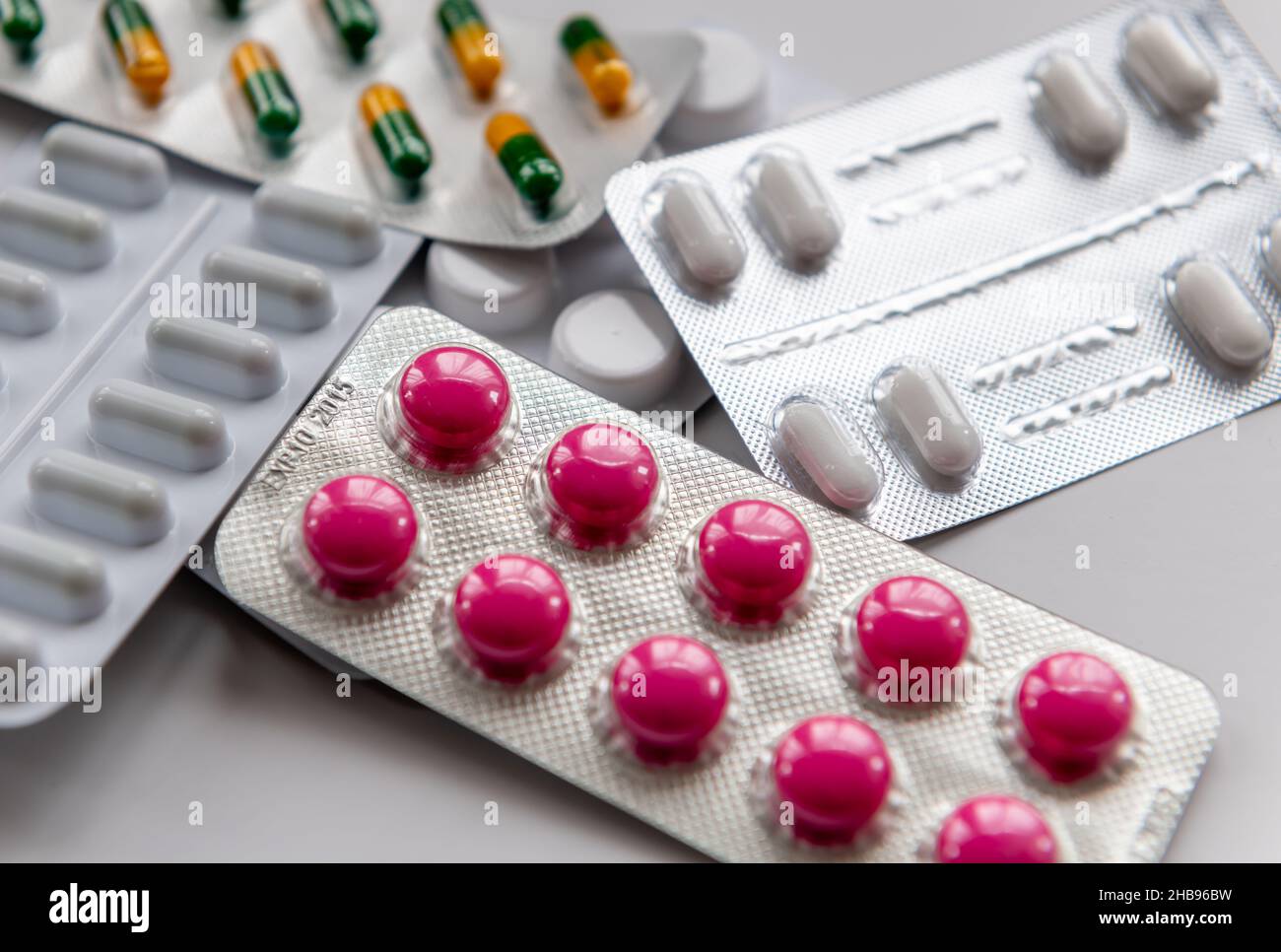 A close up of various medicine in capsules and tablets packages Stock ...