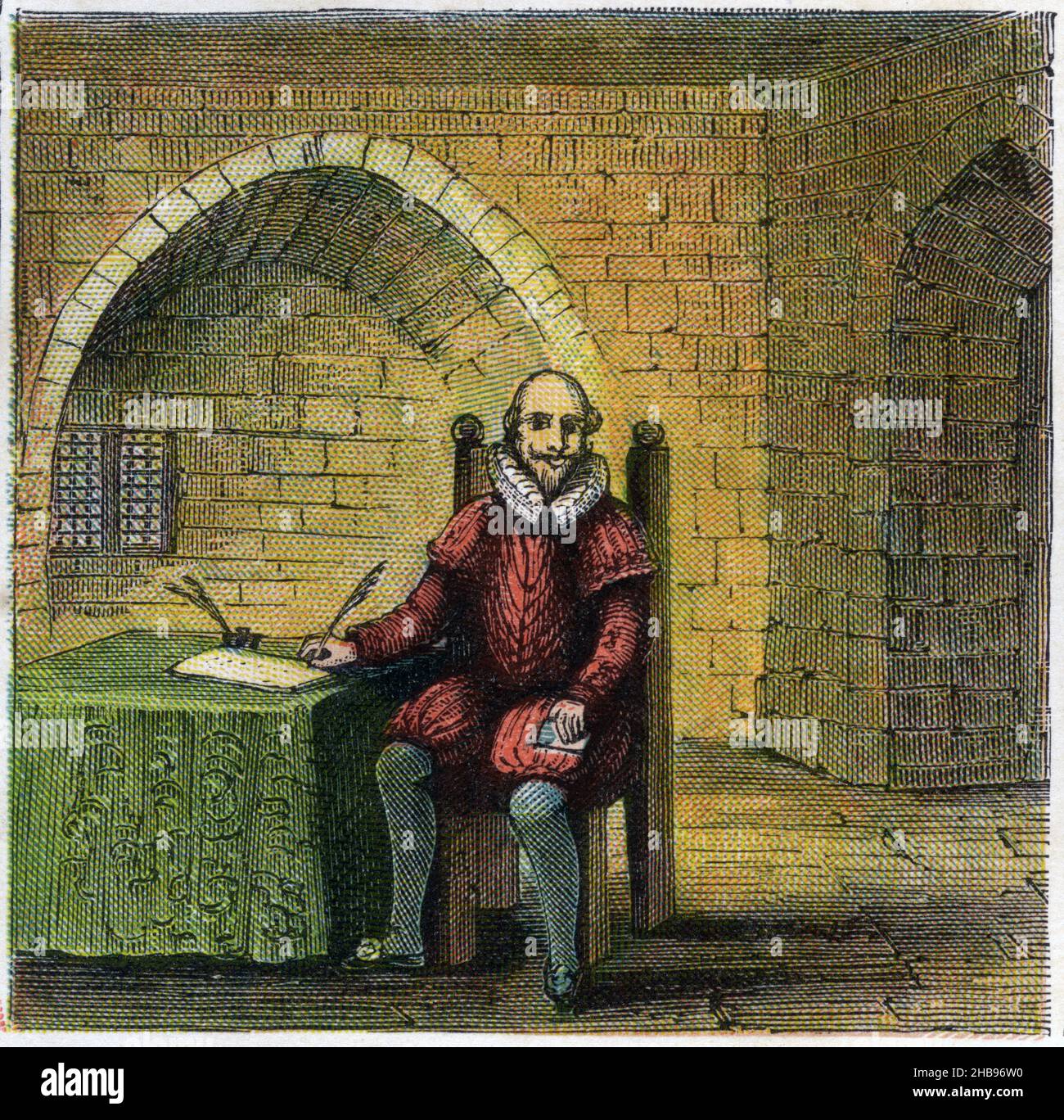 Engraving of Sir Walter Raleigh writing his memoirs in the Tower of ...