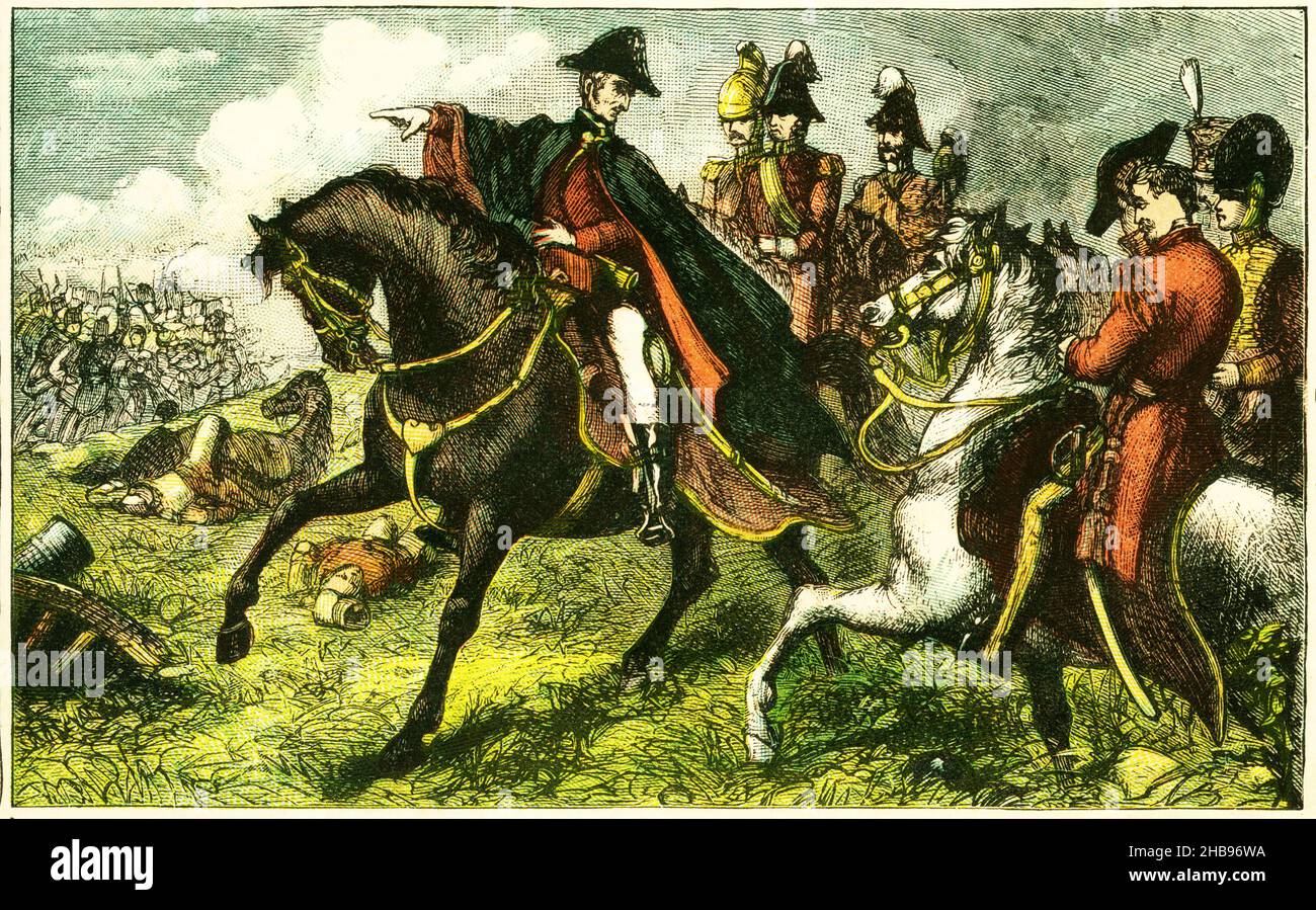 Engraving of the duke of Wellington and his staff at the Battle of ...