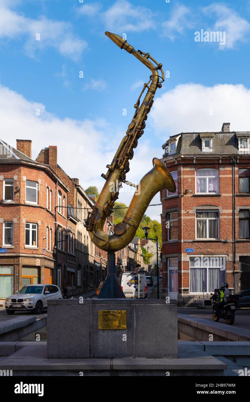 Dinant, Belgium - October 10 2019: Vertical view of saxophone monument ...