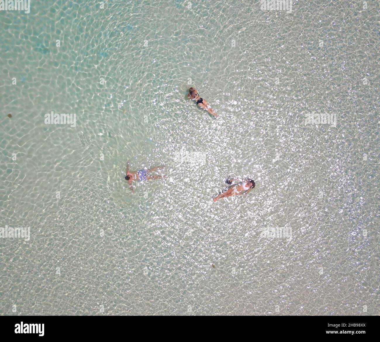 An aerial view of a group of friends swimming in the transparent sea ...