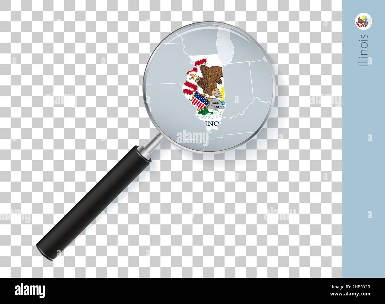 Illinois map with flag in magnifying glass on transparent background ...