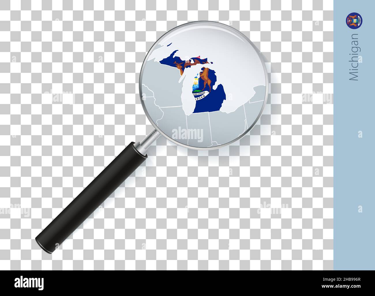 Michigan map with flag in magnifying glass on transparent background ...