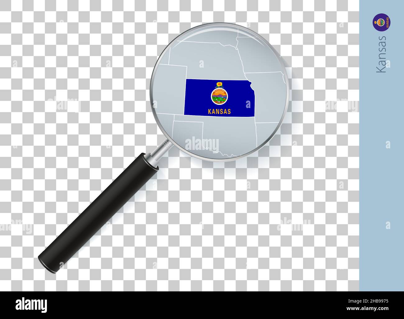 Kansas map with flag in magnifying glass on transparent background ...