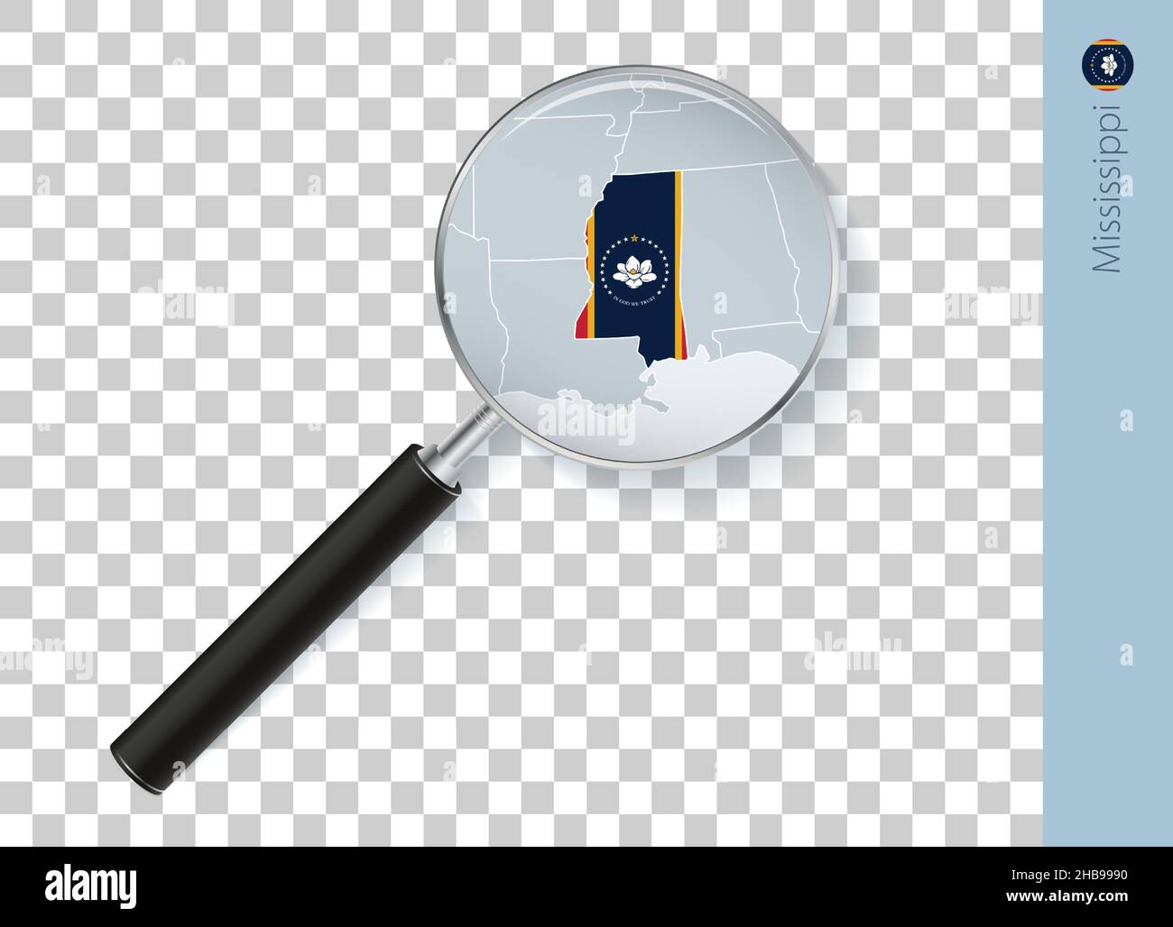 Mississippi map with flag in magnifying glass on transparent background ...