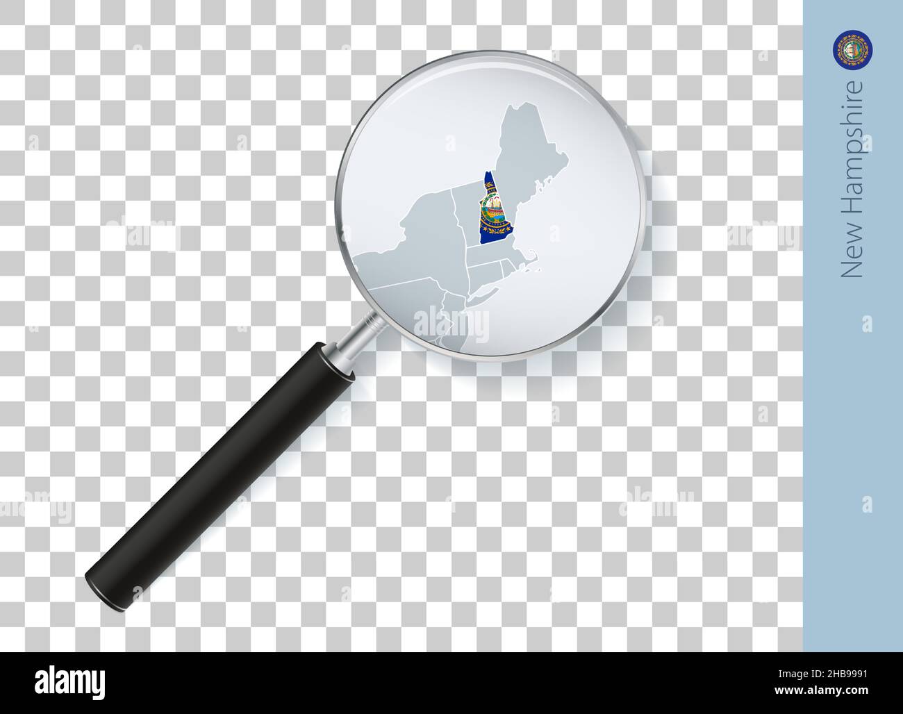New Hampshire map with flag in magnifying glass on transparent ...
