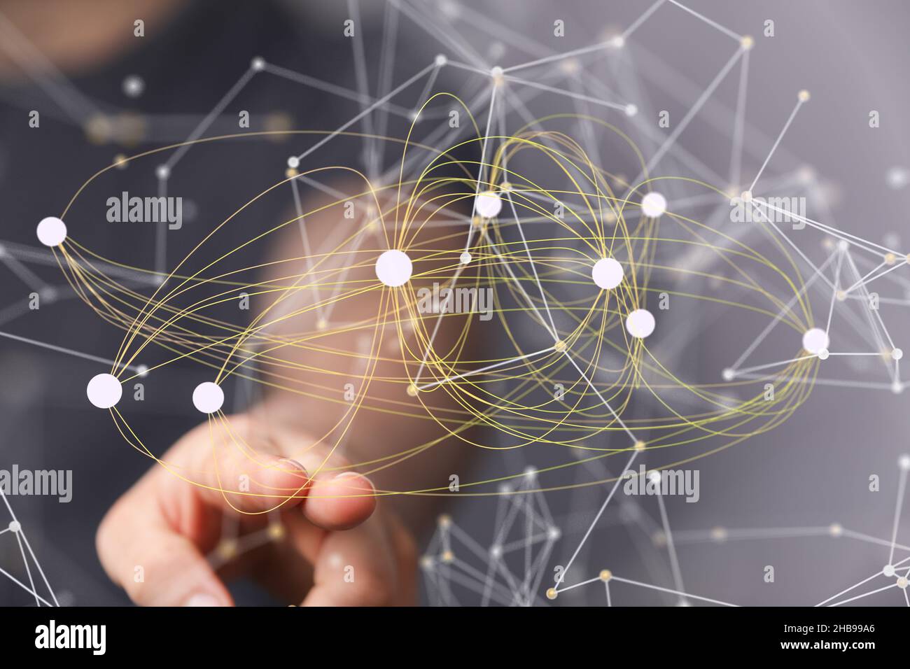 Finger touching a digital illustration of the network and data concept ...