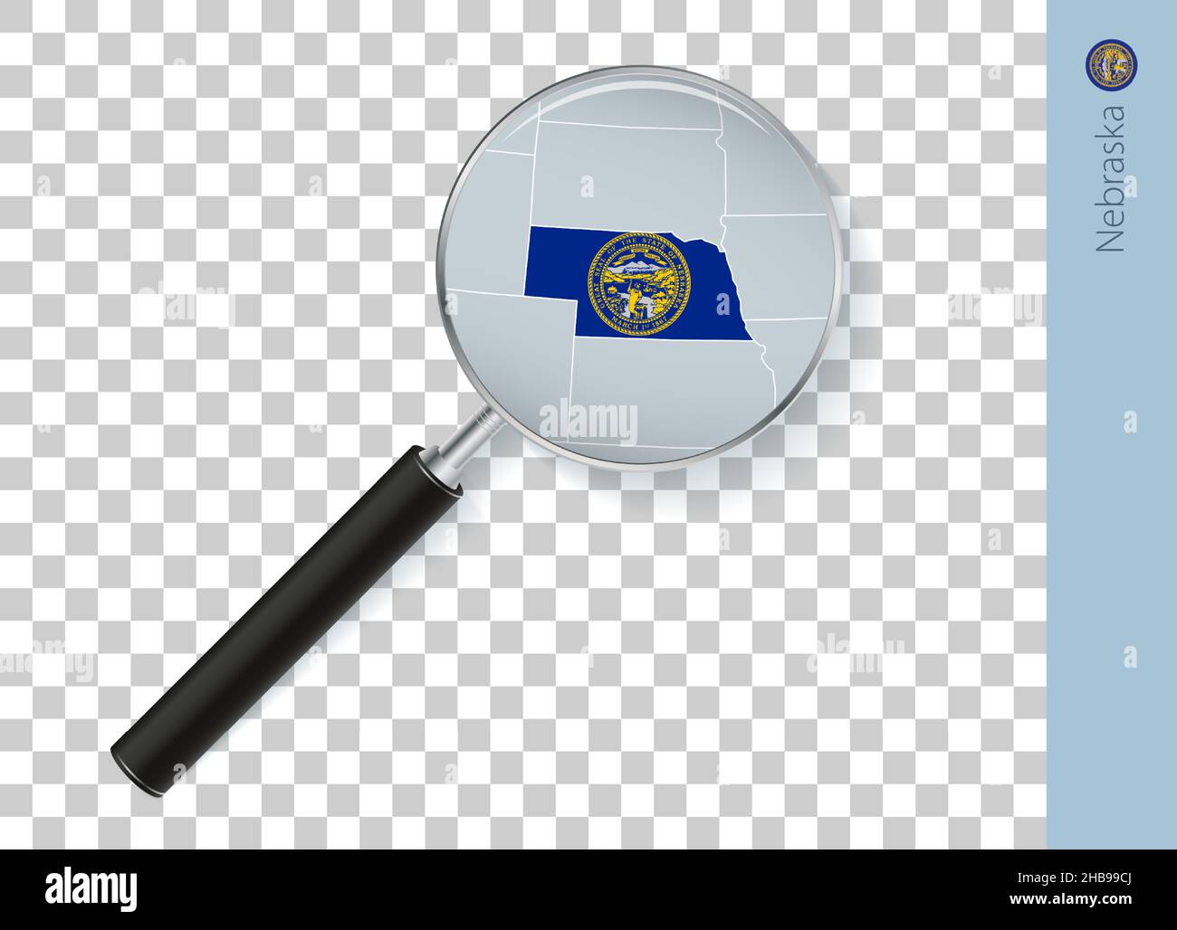 Nebraska map with flag in magnifying glass on transparent background ...