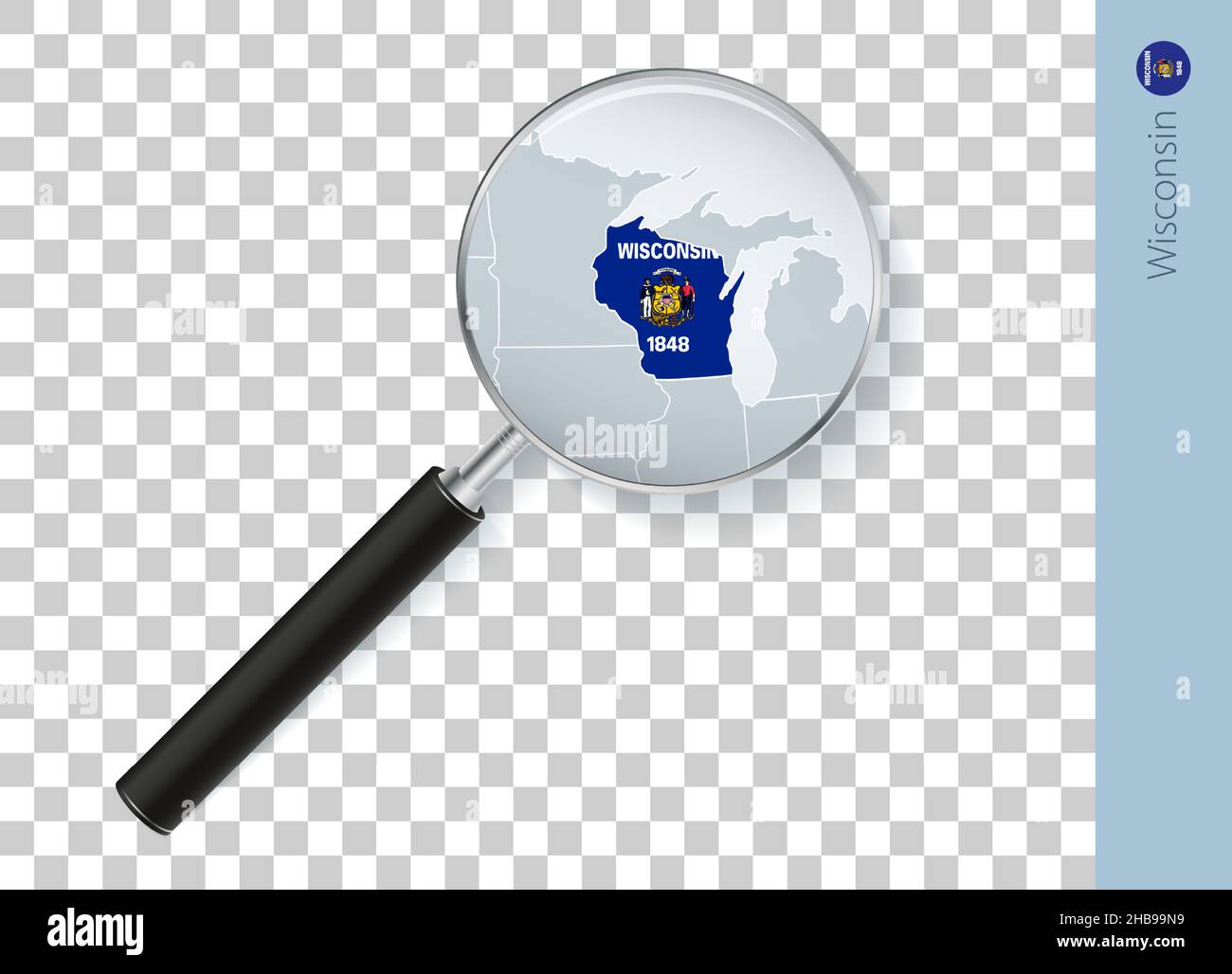 Wisconsin map with flag in magnifying glass on transparent background ...