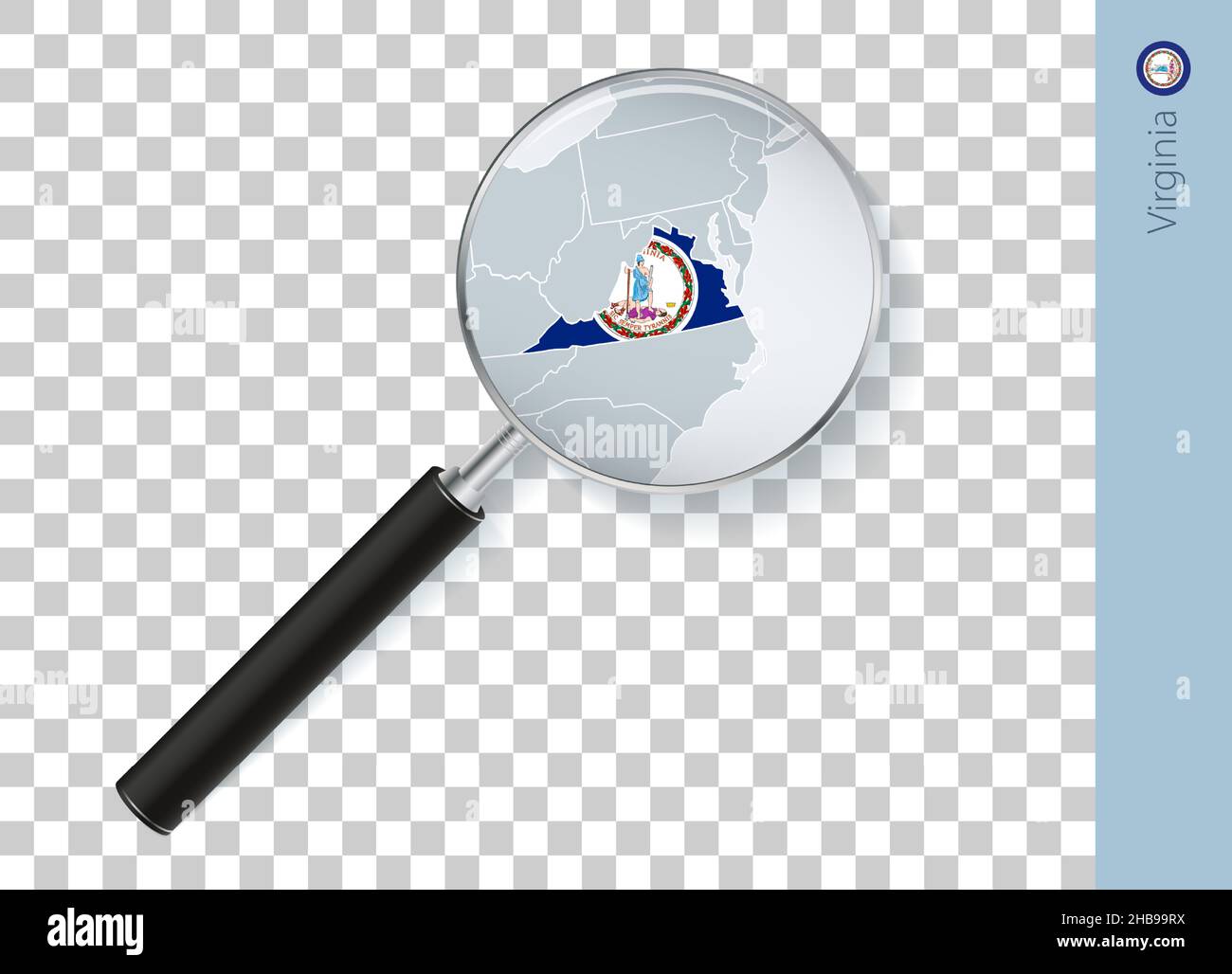 Virginia map with flag in magnifying glass on transparent background ...