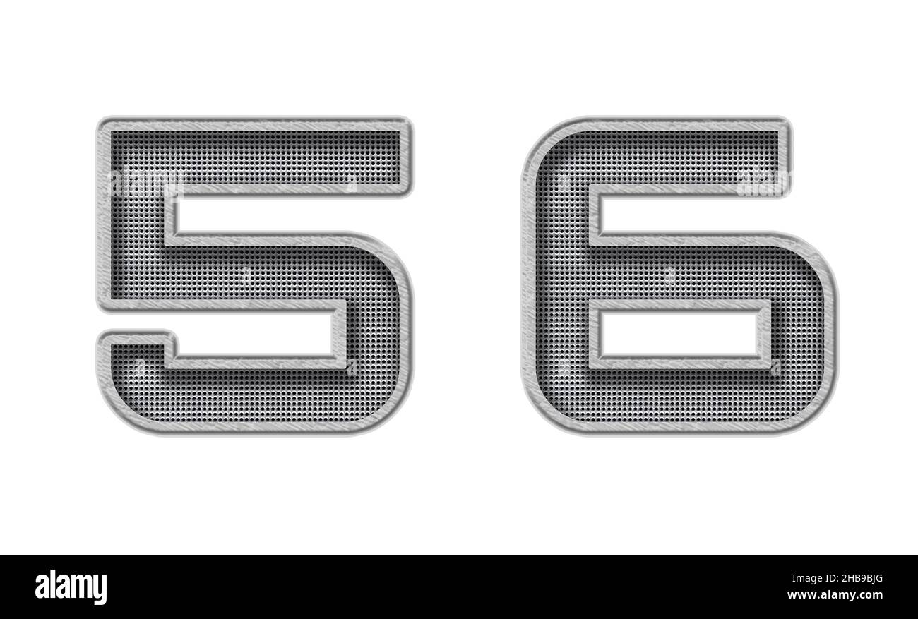 A set of numbers 56 silver metal perforated with small holes isolated ...