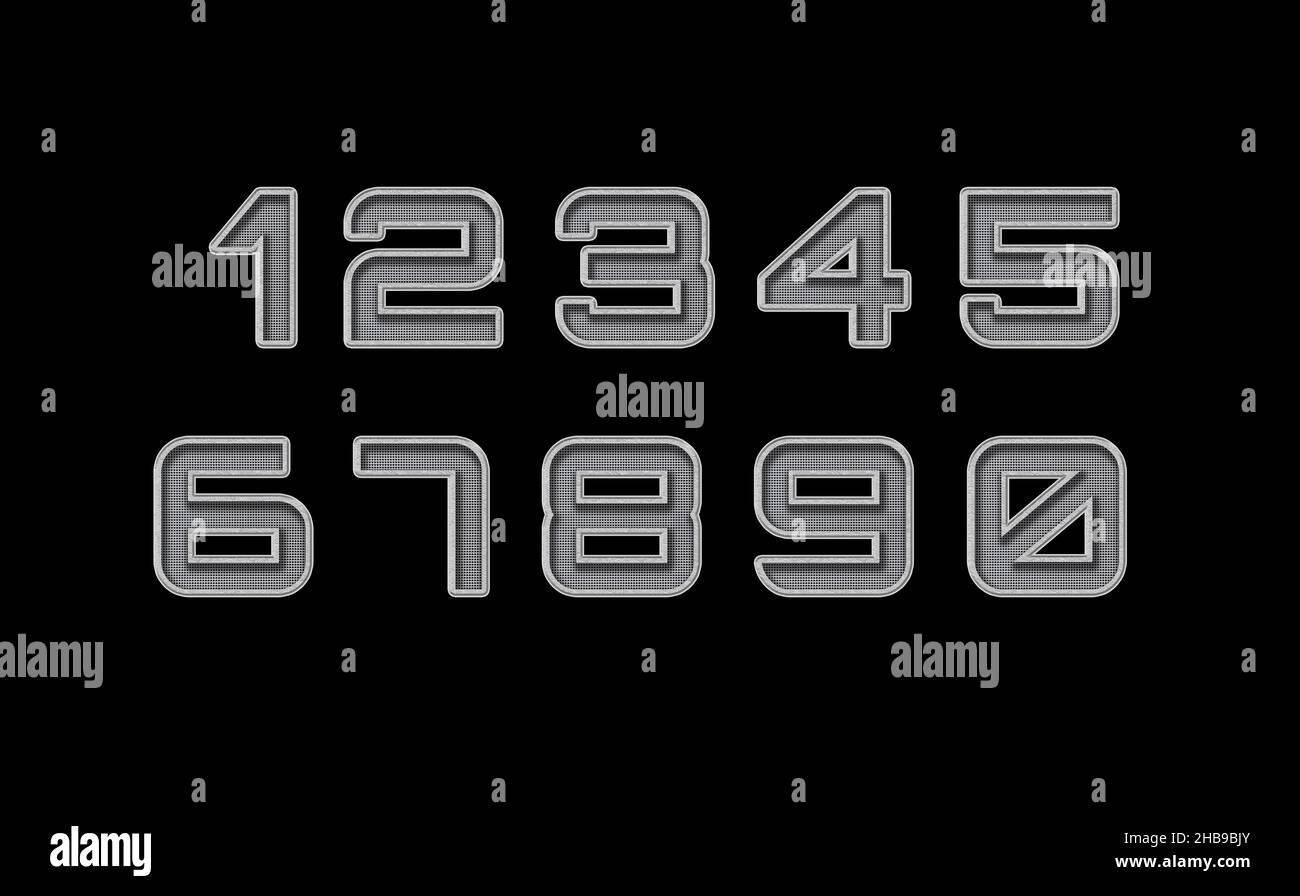 A set of numbers (1234567890), silver metal perforated with small holes ...