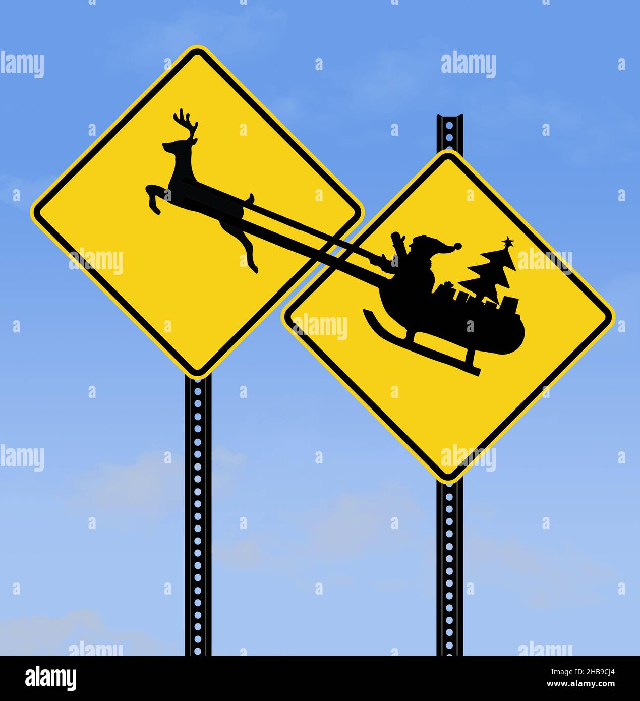 A highway deer crossing warning sign is next to a. similar sign of ...