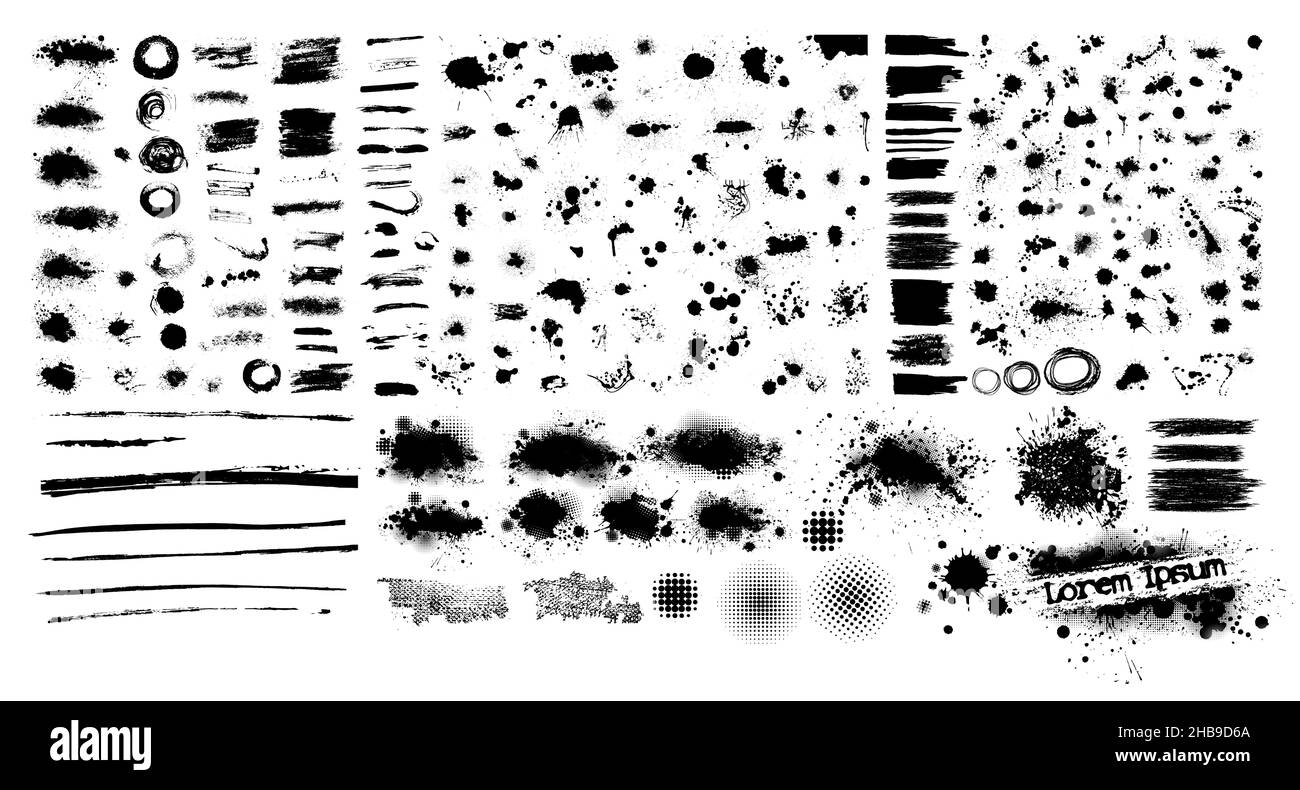 Set of grunge elements from blots. Paint stains black blotch background ...