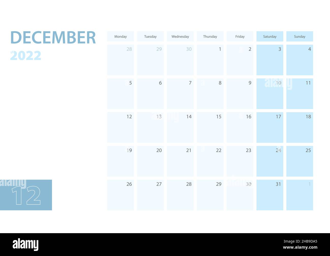 Calendar template for the December 2022, the week starts on Monday. The ...