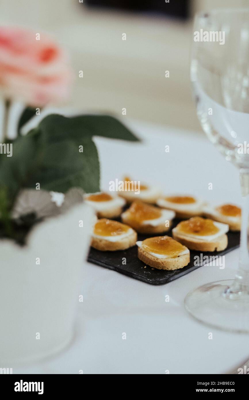 Closeup of various types of appetizers with special sauces Stock Photo ...