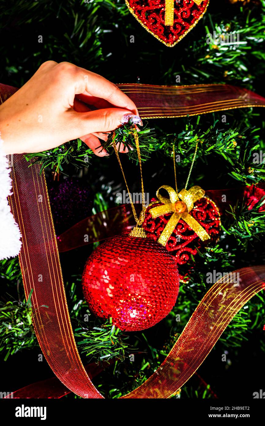Decorating Christmas tree, hand putting Christmas decorations on fir ...