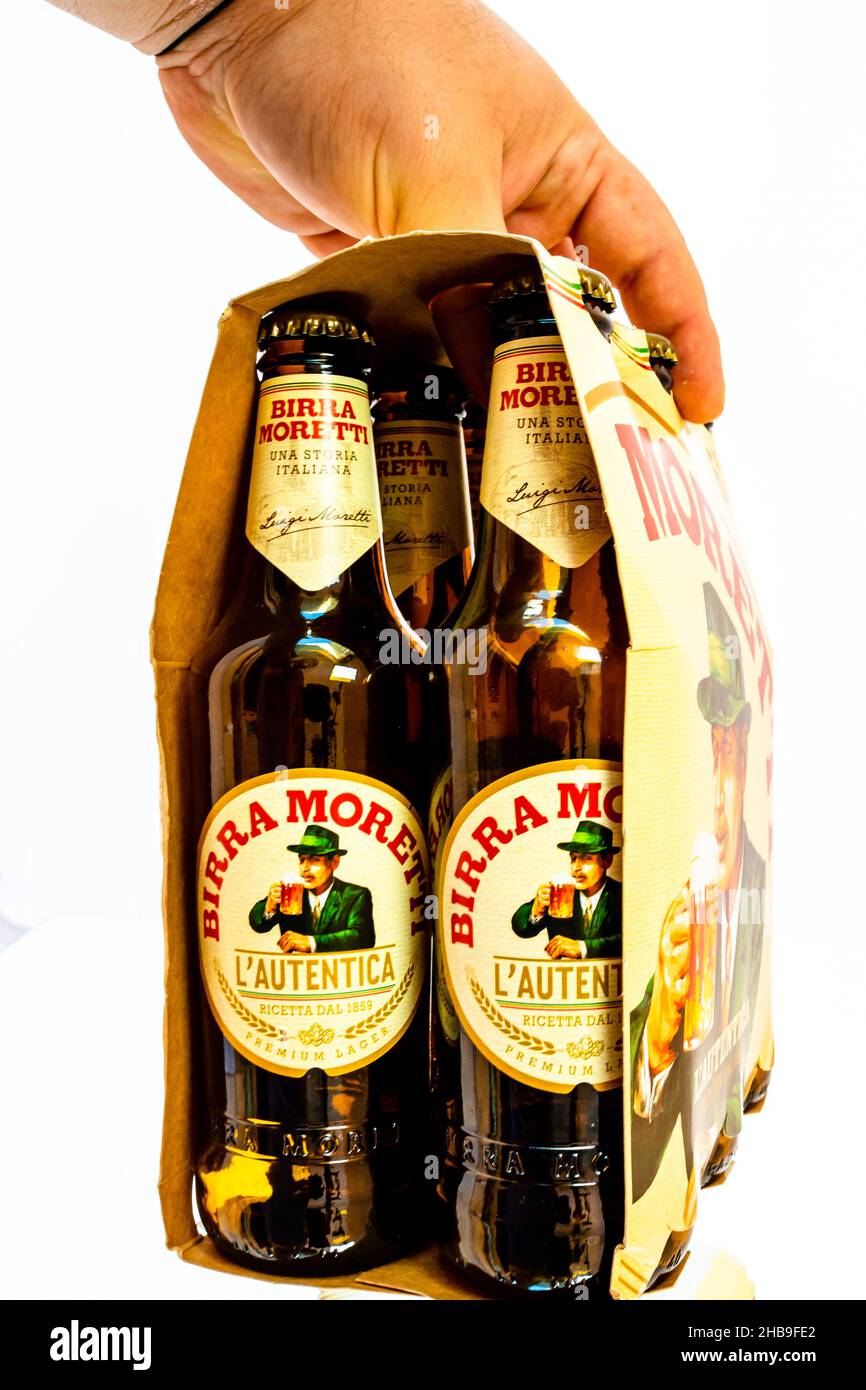 6 pack of Birra Moretti beer. Illustrative editorial photo Bucharest ...