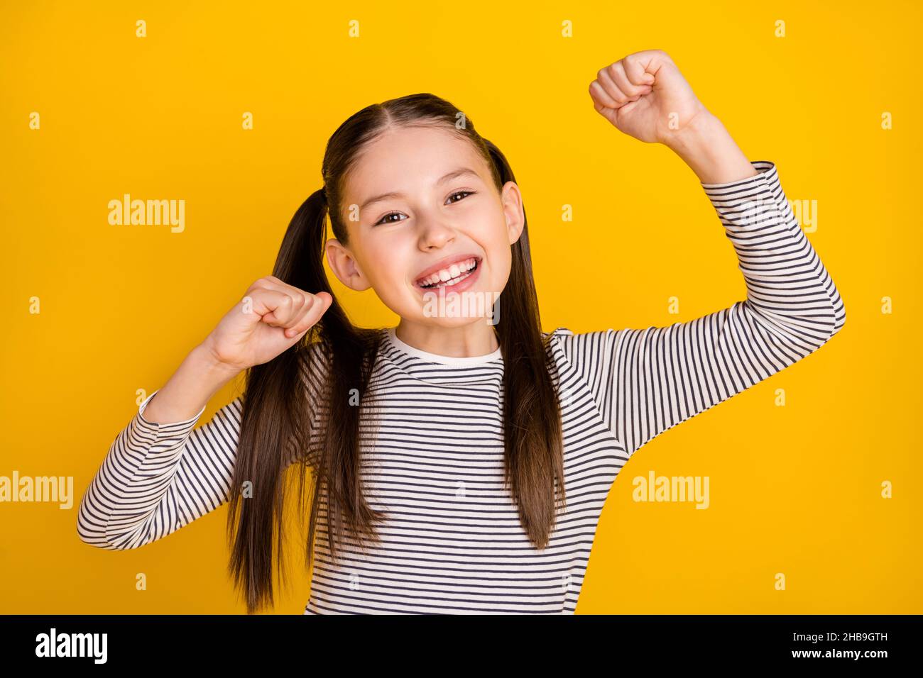 Photo of young attractive girl happy positive smile rejoice win victory ...