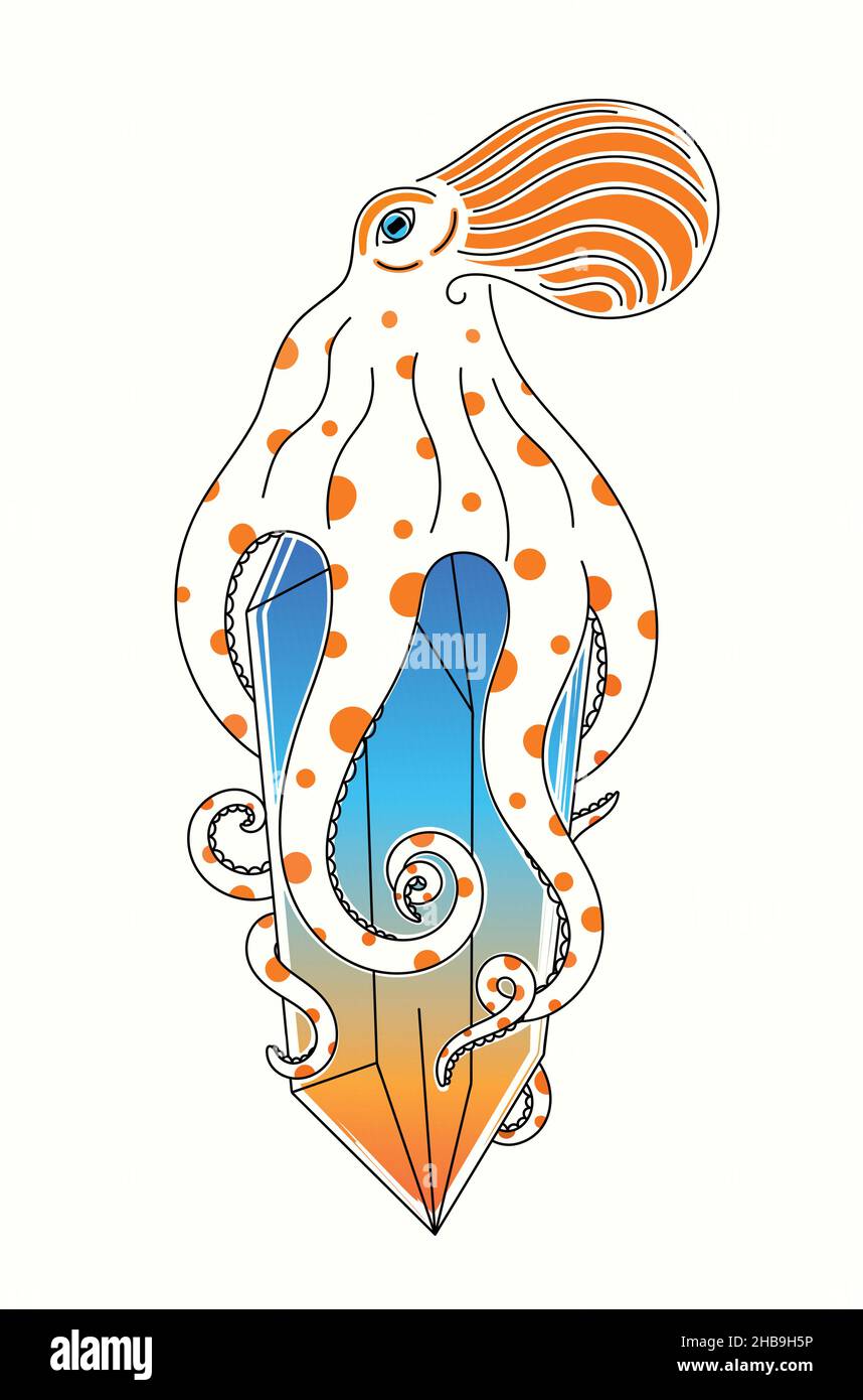 Line art healing crystal with an octopus wrapped around it. Magical ...