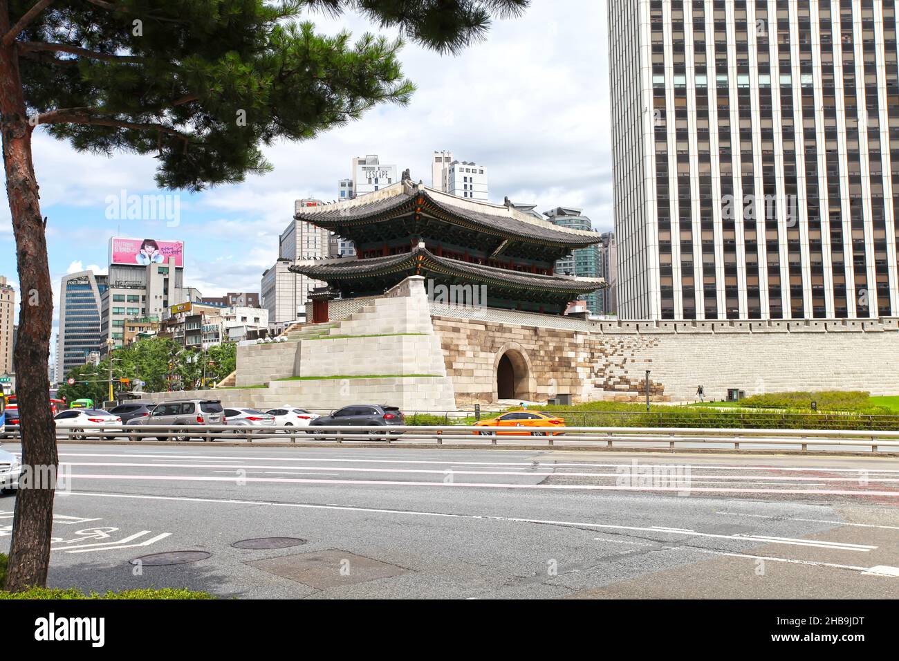 The Namdaemun Gate or Sungnyemun Gate with busy roads and traffic. This ...