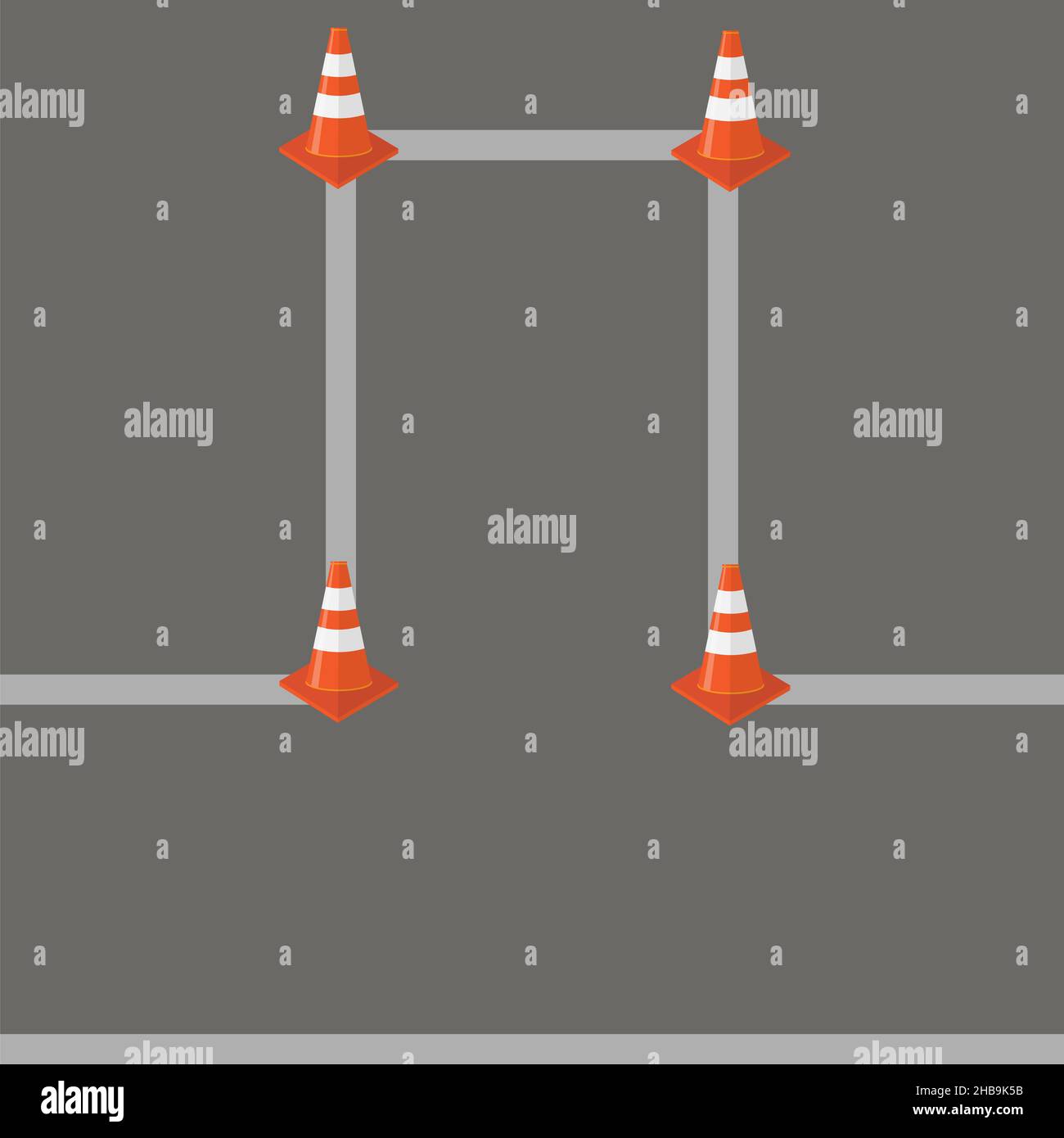 Set of Striped Red Traffic Cone Icons on Grey Road Background Stock ...