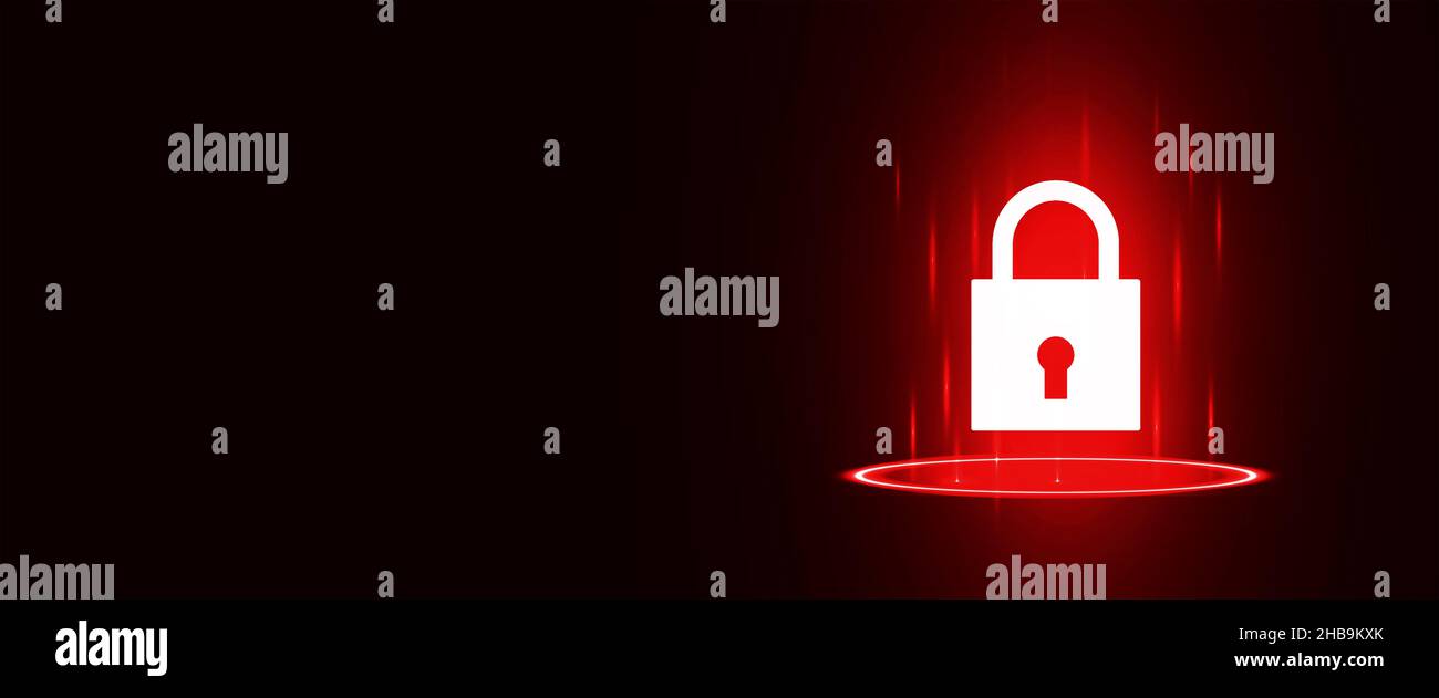 Energetic lock symbol above red glowing circle and moving up lights in ...