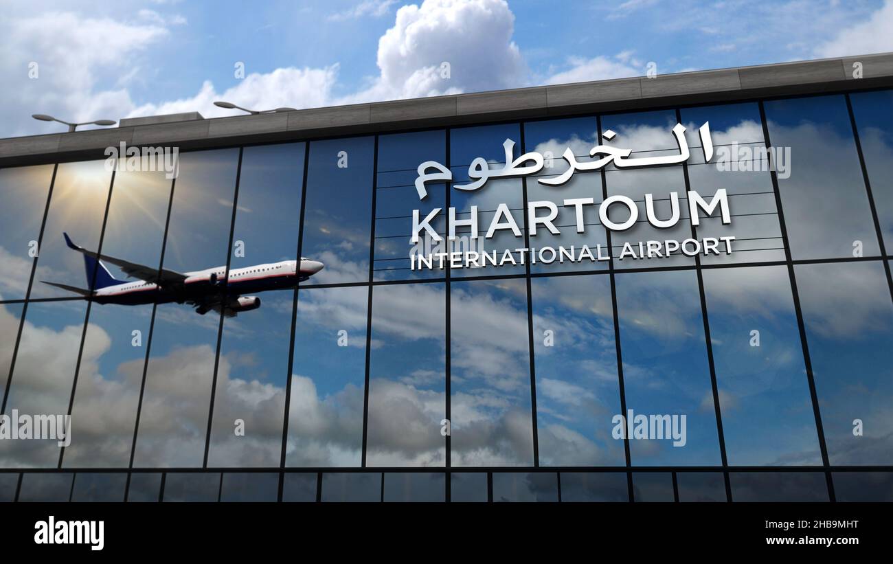 Aircraft landing at Khartoum, Sudan 3D rendering illustration. Arrival in the city with the ...