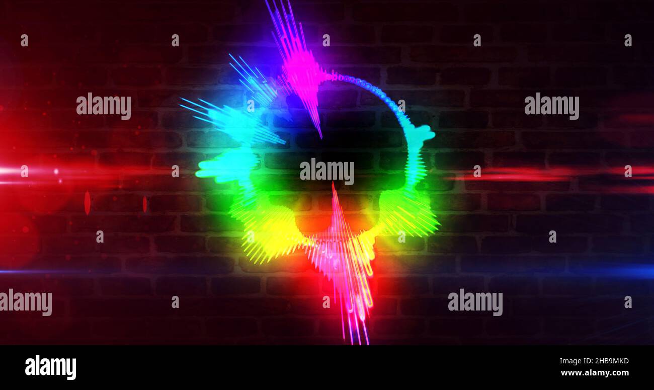 Audio spectrum voice neon sign concept, radio sound wave and disco ...