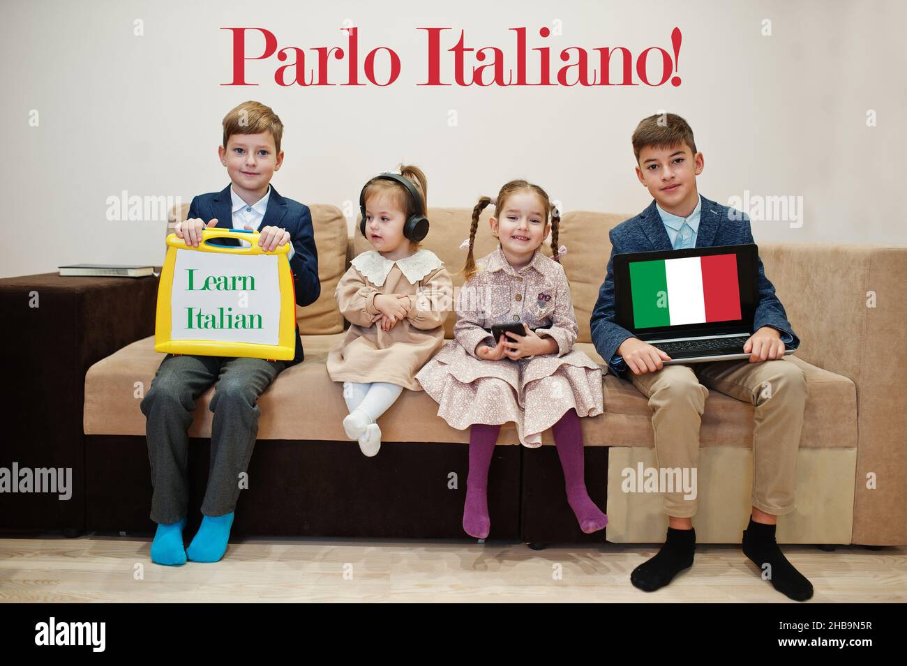 Four kids show inscription learn italian. Foreign language learning ...