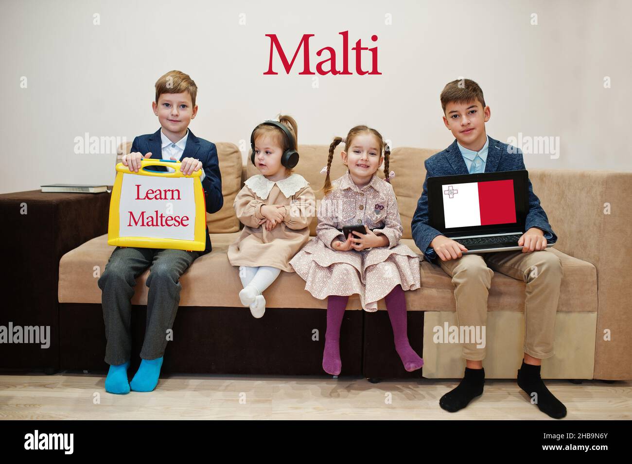 Four kids show inscription learn maltese. Foreign language learning ...