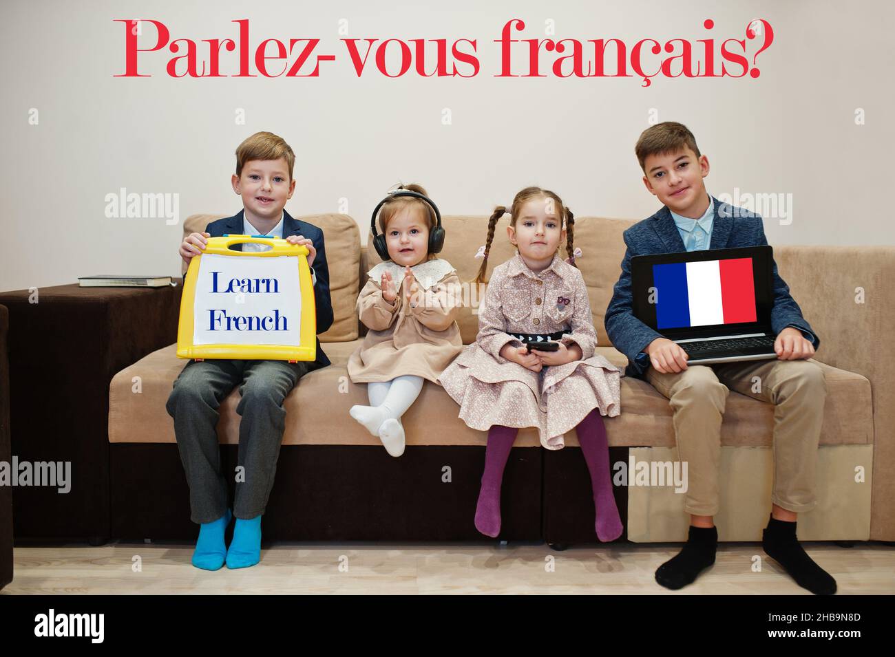 Four kids show inscription learn french. Foreign language learning ...