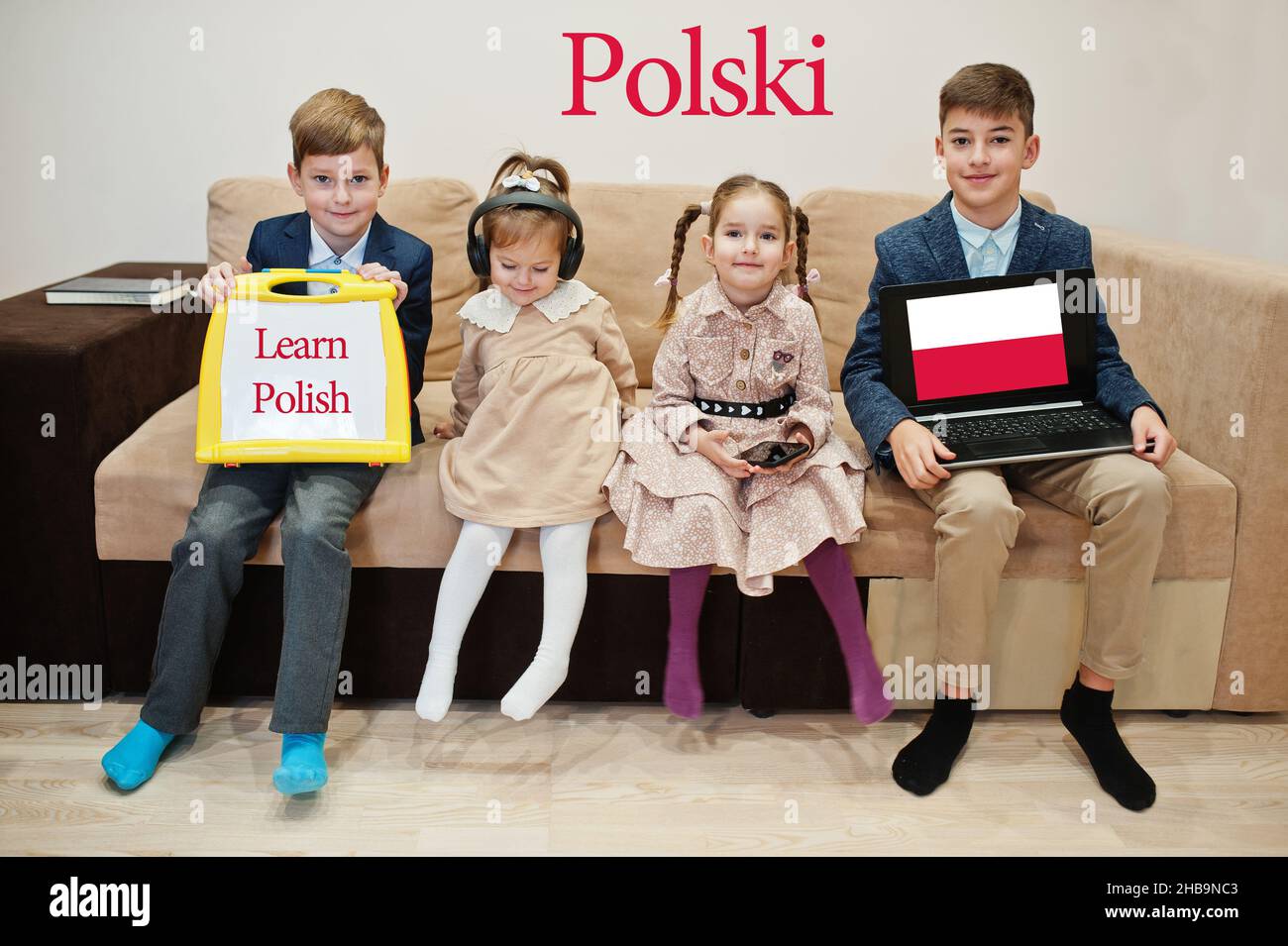 Four kids show inscription learn polish. Foreign language learning ...