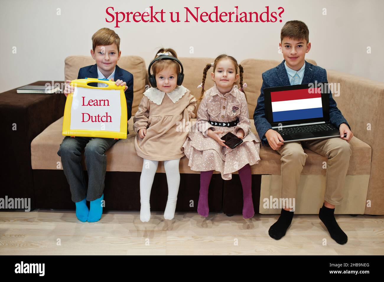 Four kids show inscription learn dutch. Foreign language learning ...