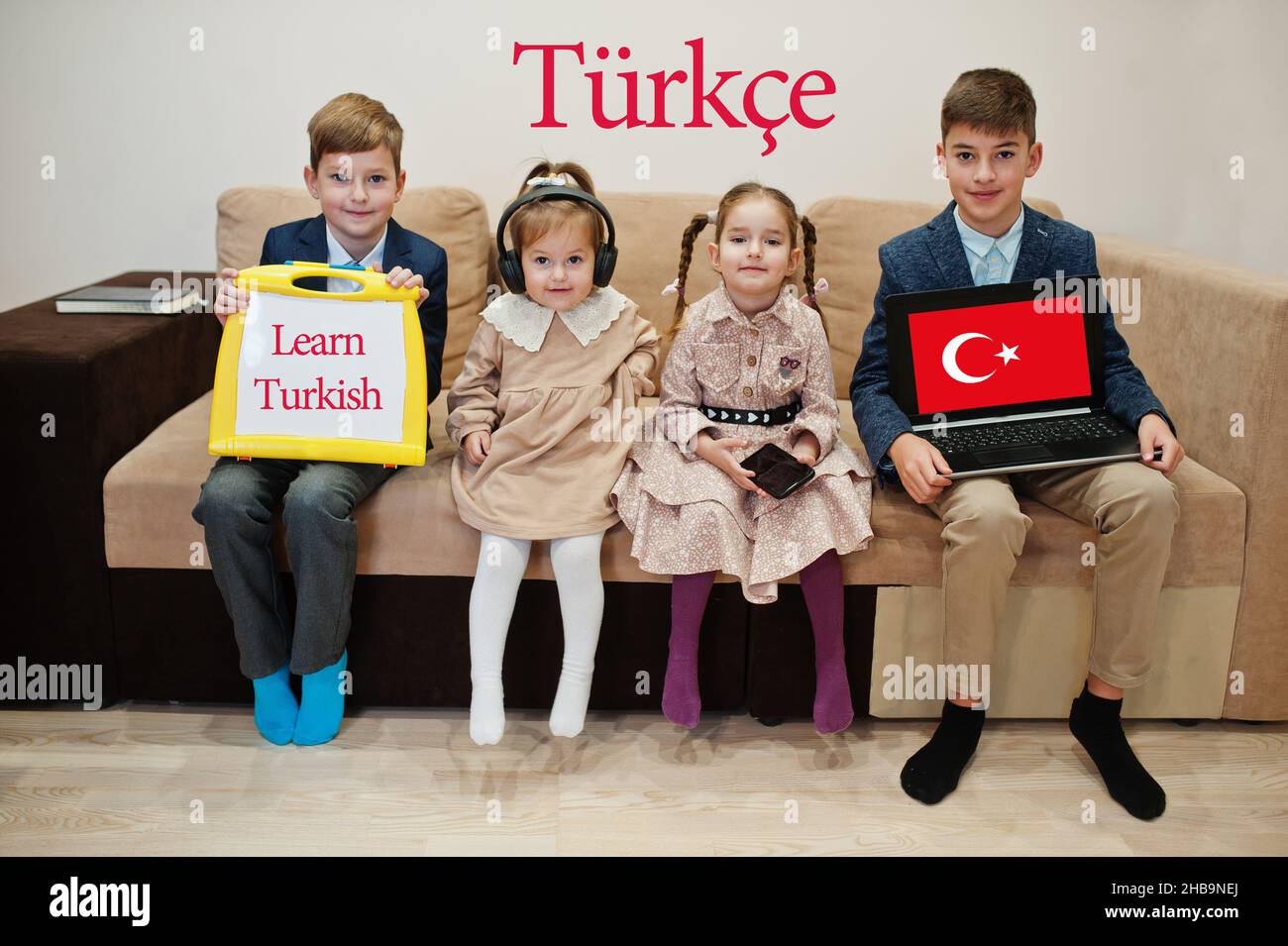 Four kids show inscription learn turkish. Foreign language learning ...