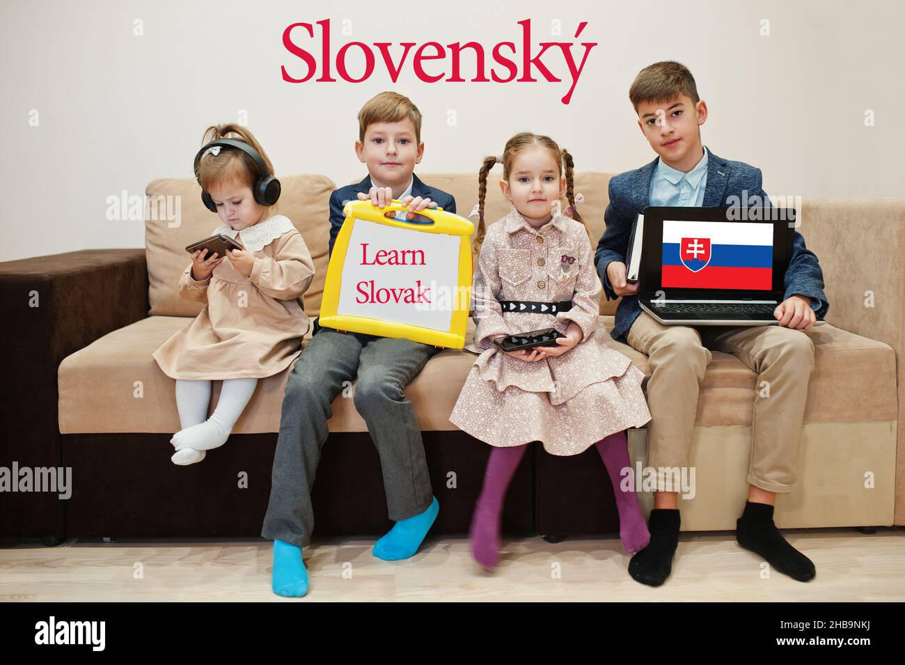 Four kids show inscription learn slovak. Foreign language learning ...