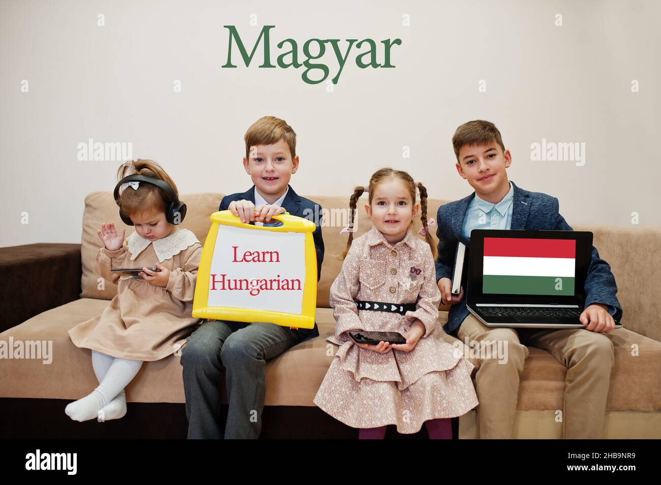 Four kids show inscription learn hungarian. Foreign language learning ...
