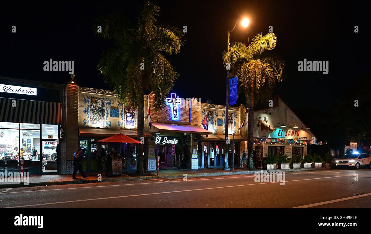 Miami, Florida - December 11, 2021 - Night time street scene on Calle ...