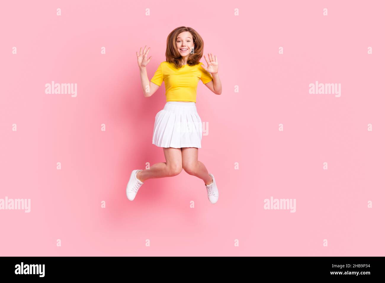 Full length photo of young excited girl happy positive smile have fun ...