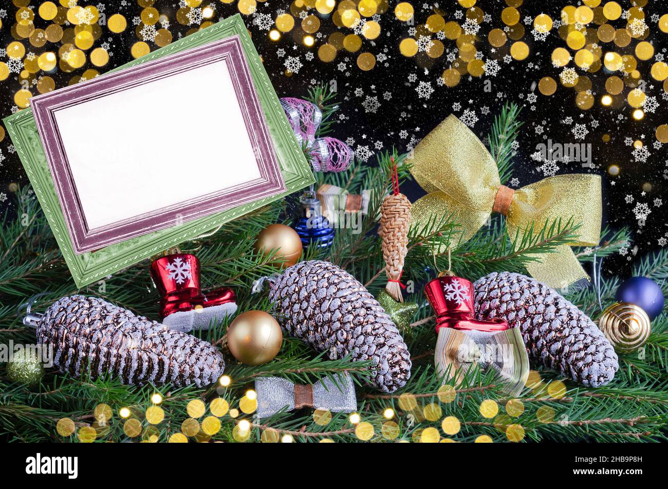 Colorful Christmas card with text frame, Snowflakes and bokeh Stock ...