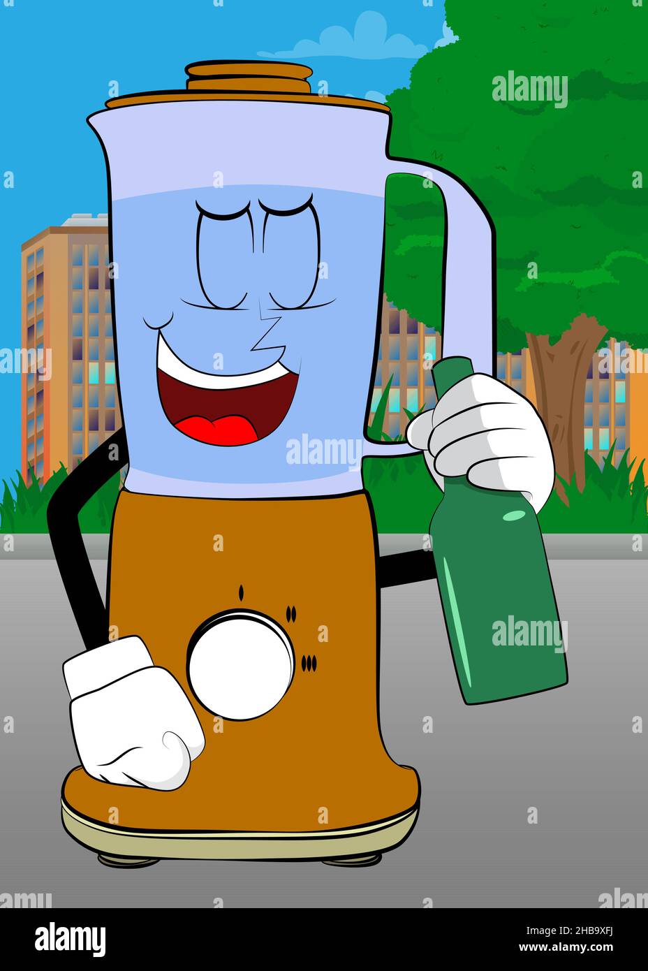 Food Blender holding a bottle as a cartoon character with face ...
