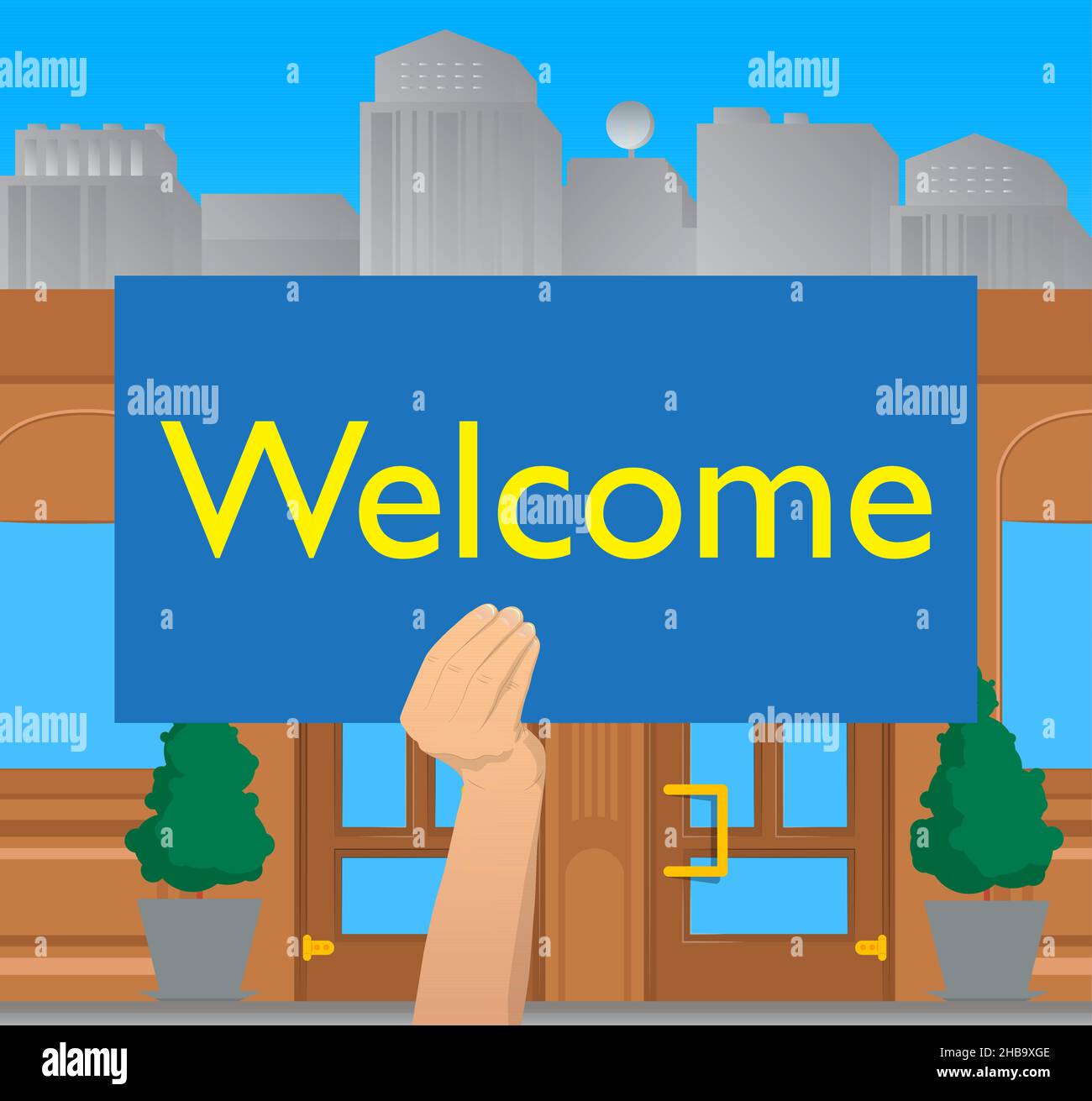 Hand holding Welcome paper text. Showing billboard. Colorful vector ...