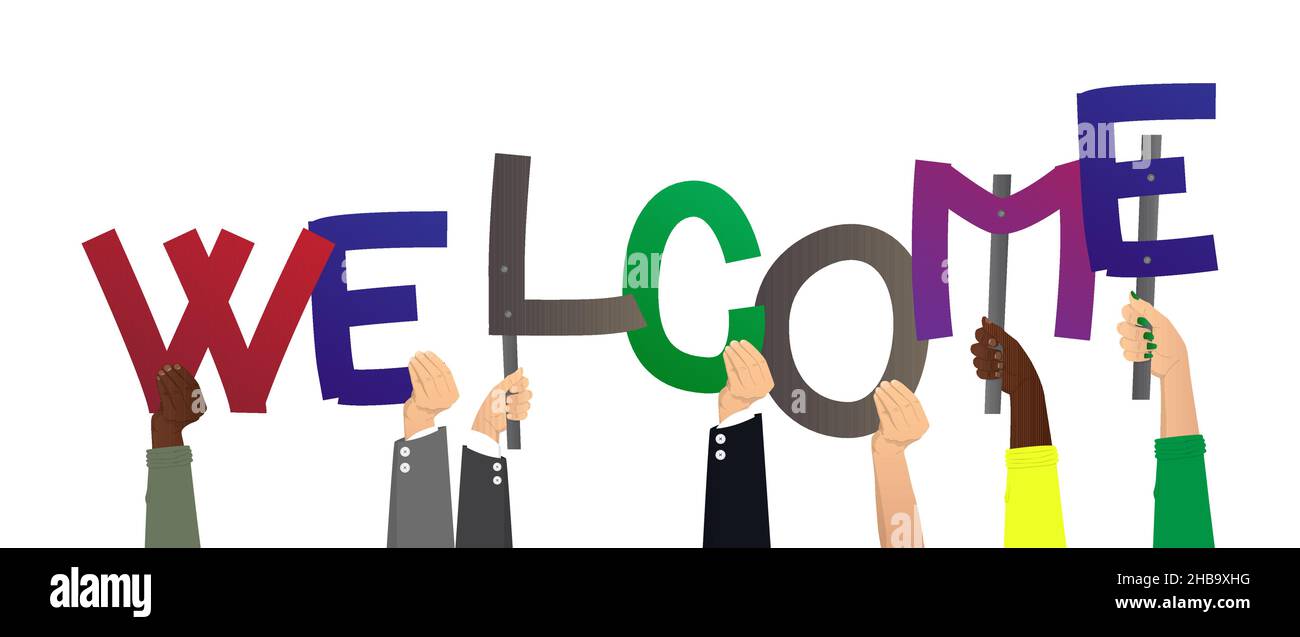 Hand holding Welcome paper text. Showing billboard. Colorful vector ...