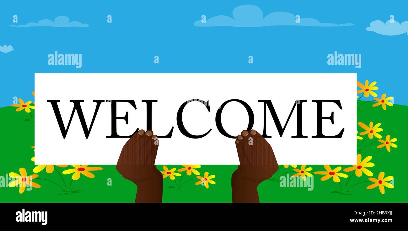 Hand holding Welcome paper text. Showing billboard. Colorful vector ...