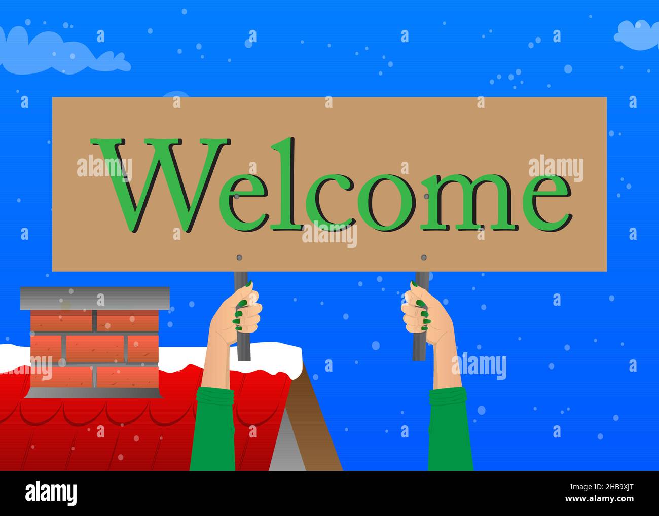 Hand holding Welcome paper text. Showing billboard. Colorful vector ...