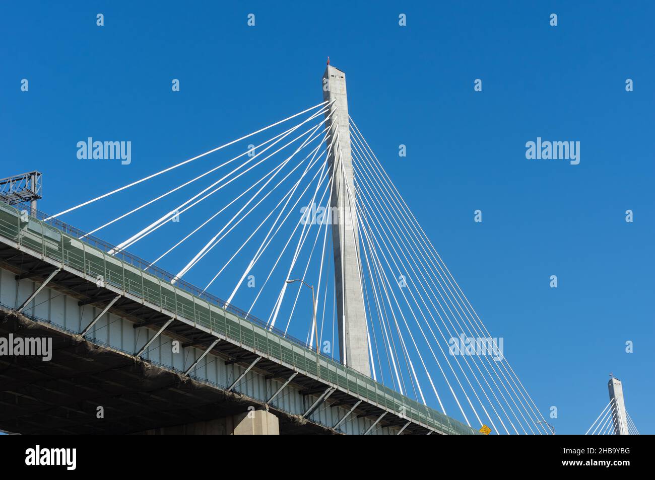 This image shows a view of the new cable stayed Gerald Desmond Bridge ...