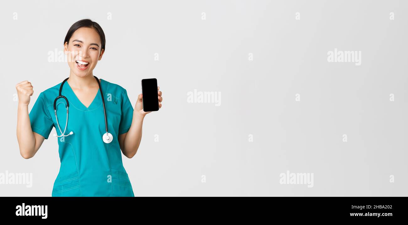 Covid-19, healthcare workers and online medicine concept. Successful ...