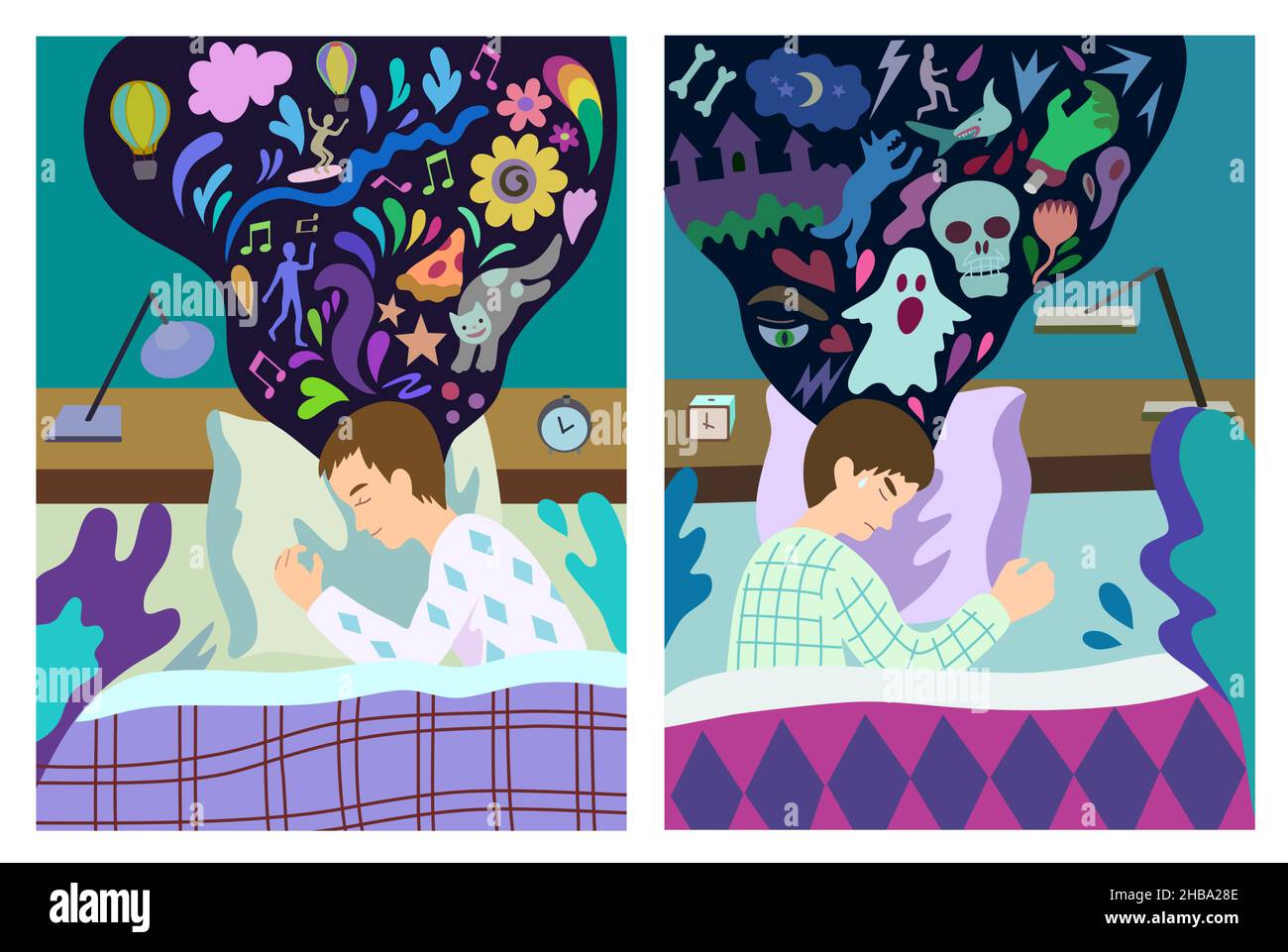 Concept of healthy sleep and sleep with nightmare. Sleeping man in bed ...