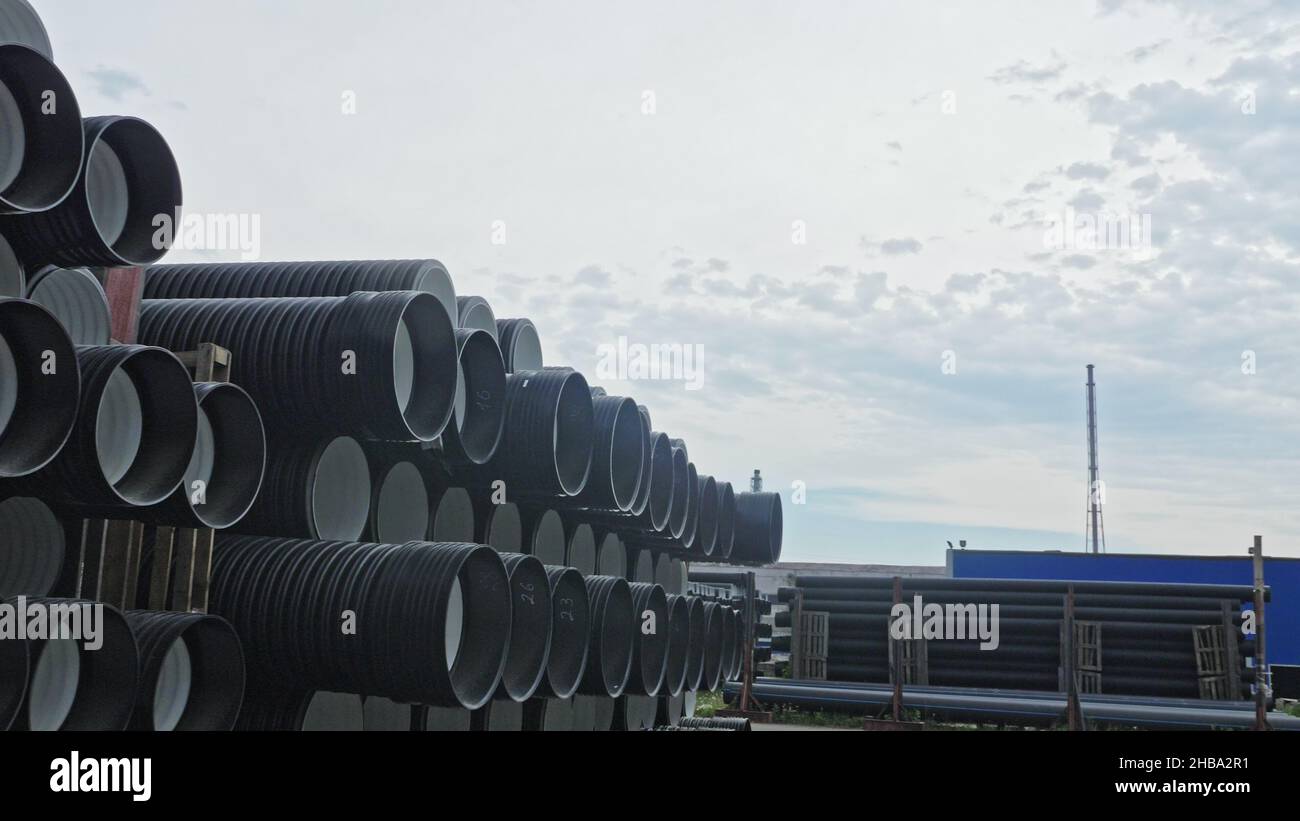 Warehouse of finished plastic pipes industrial outdoors storage site ...